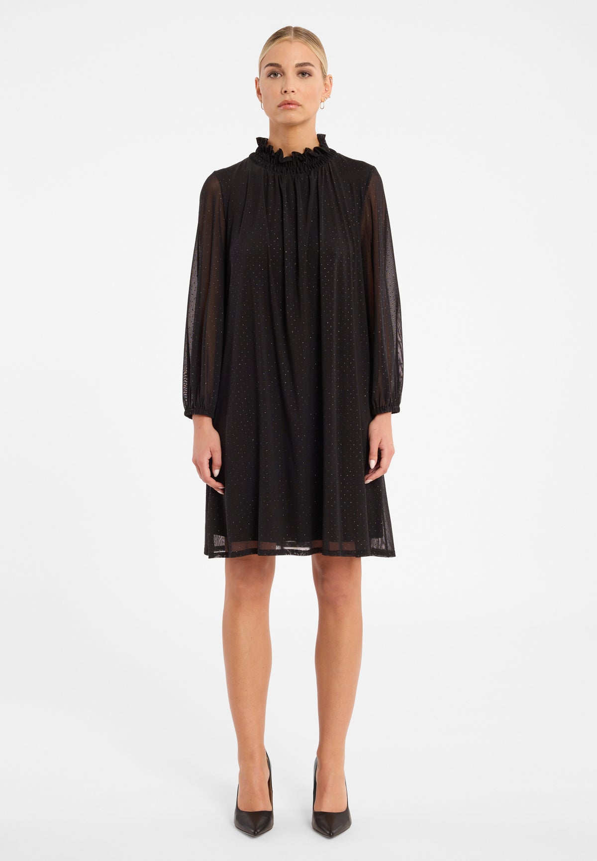 Black a-line dress Cida from mesh with stand-up collar